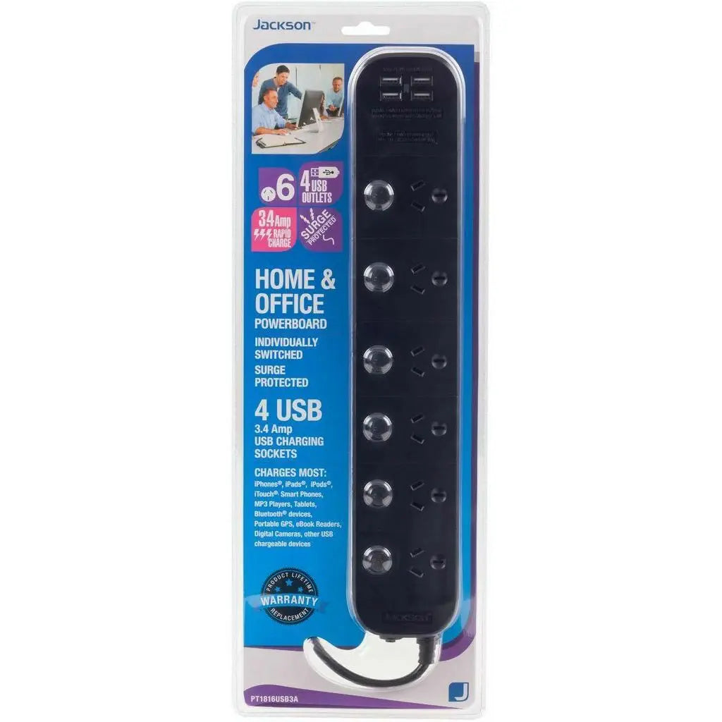 Jackson 6-Way Power Board 4 USB Charging Ports 1m 240VAc 10A Black